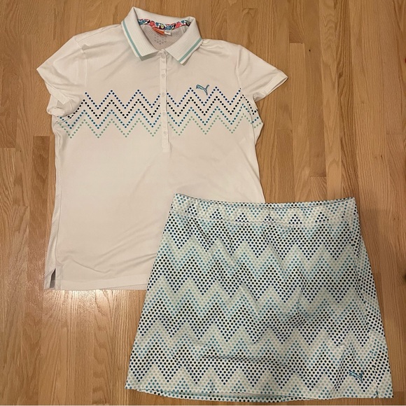 Puma | Skirts | Preppy Puma White And Blue Polka Dot Sporty Polo And ...